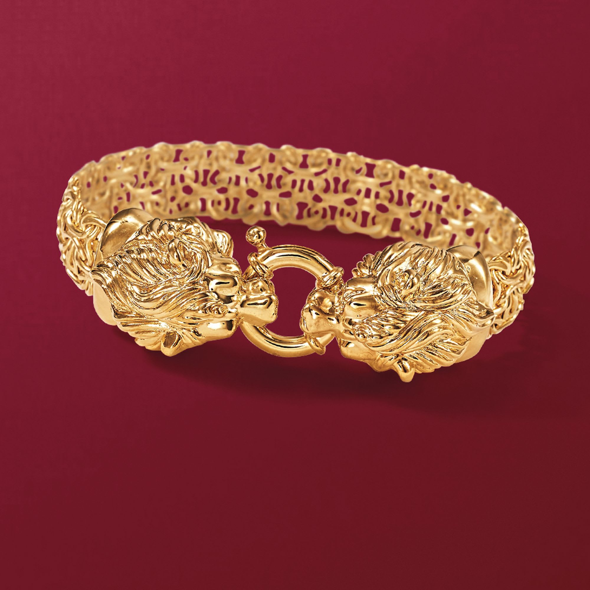 Italian 14kt Yellow Gold Double Lion Head Byzantine Bracelet | Ross-Simons Italian 14kt Yellow Gold Double Lion Head Byzantine Bracelet | Ross-Simons