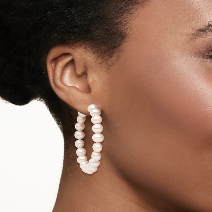6 7mm Cultured Pearl Hoop Earrings In 14kt Yellow Gold 1 7 8 Ross