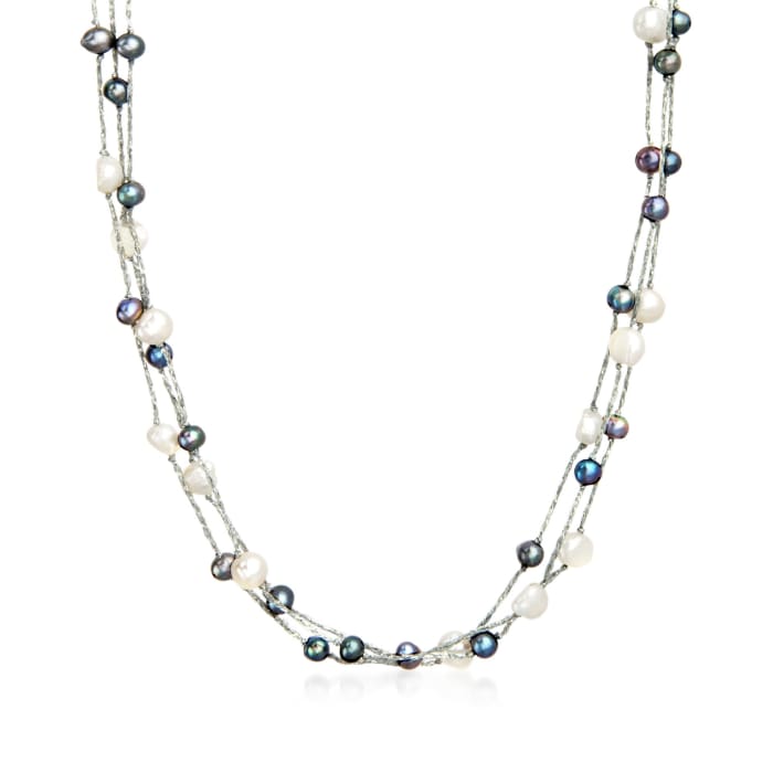 5 9mm Black And White Cultured Pearl Three Strand Station Necklace With