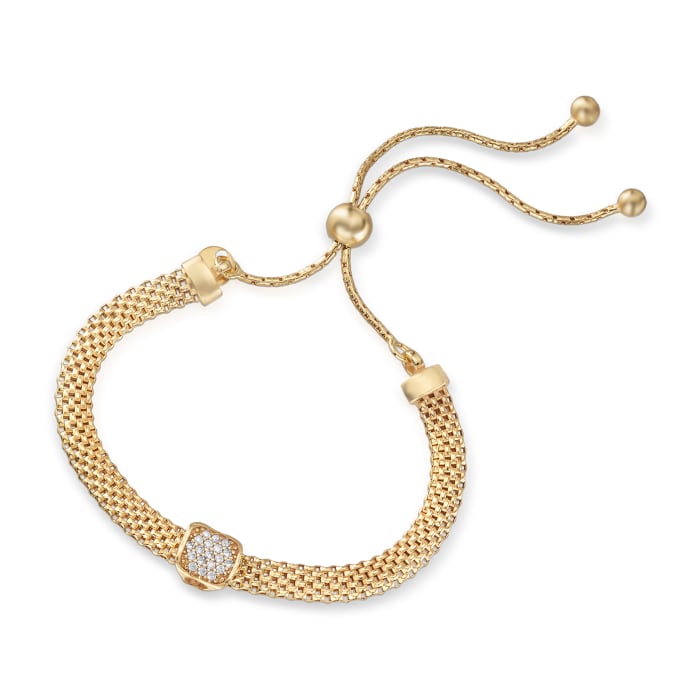 Italian 18kt Gold Over Sterling Mesh Bolo Bracelet With Cz Station